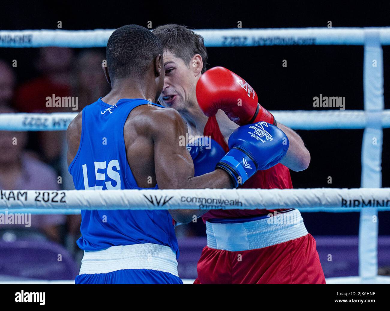 Birmingham, UK. 31st July, 2022. Canadian boxer Wyatt Sanford, right ...
