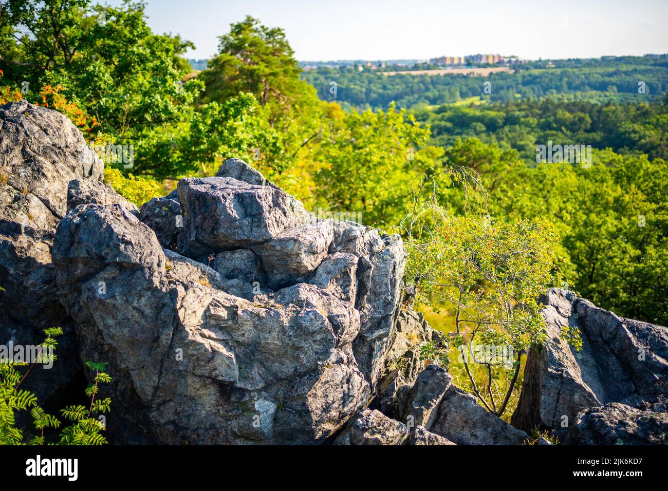 Popular wild park Divoka Sarka in Prague city in sunset time in summer ...