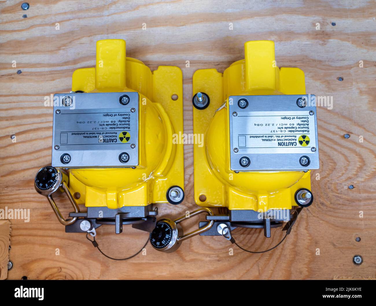 Radiation warning sign on the nameplate the mechanical container of ...