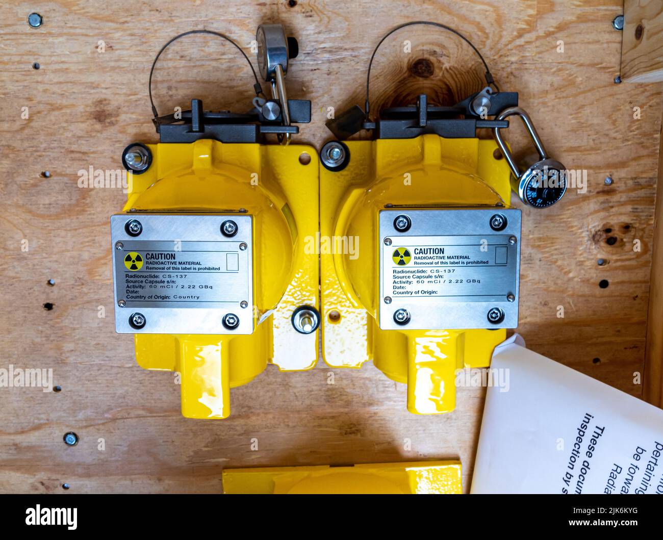 Radiation warning sign on the nameplate the mechanical container of ...