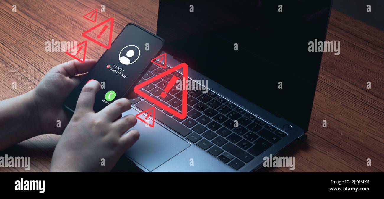 Banner of woman using laptop while receiving an unwanted call. Spam ...