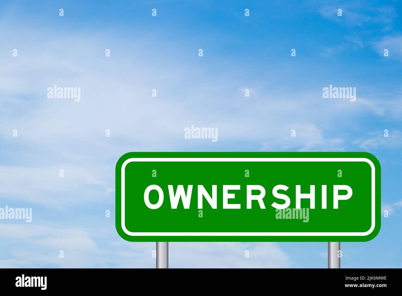 Green color transportation sign with word ownership on blue sky with ...