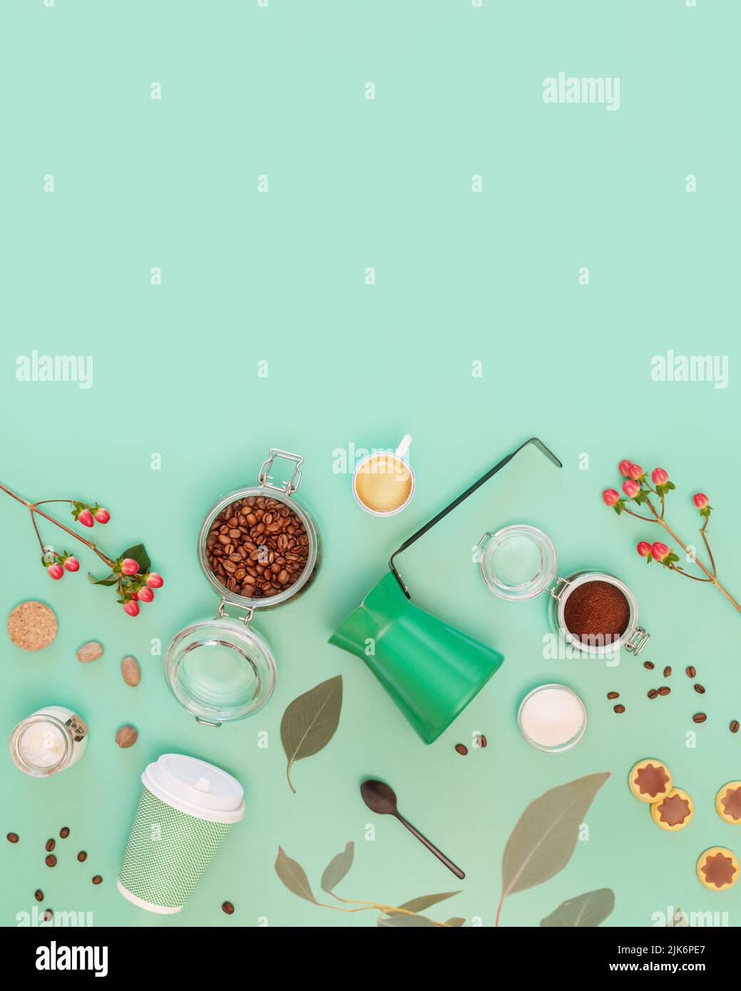 Coffee composition with Coffee beans, ground coffee, sugar, cup of ...