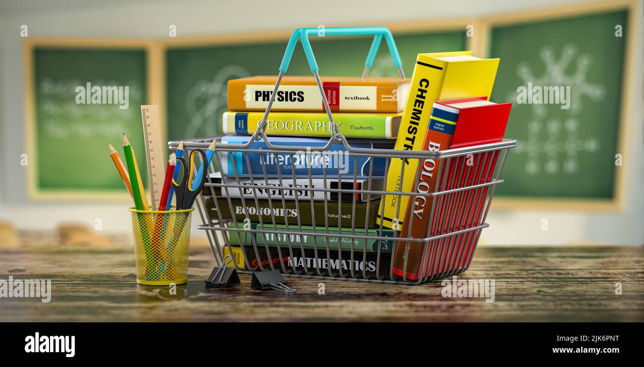 Back to school supplies. Books in a shopping basket, pencils on a desk ...
