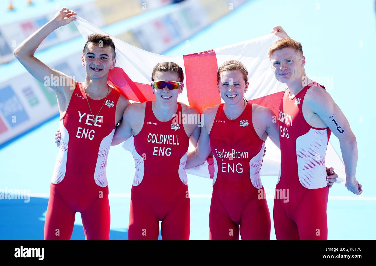 Team England, left to right, Alex Yee, Sophie Coldwell, Georgia Taylor ...