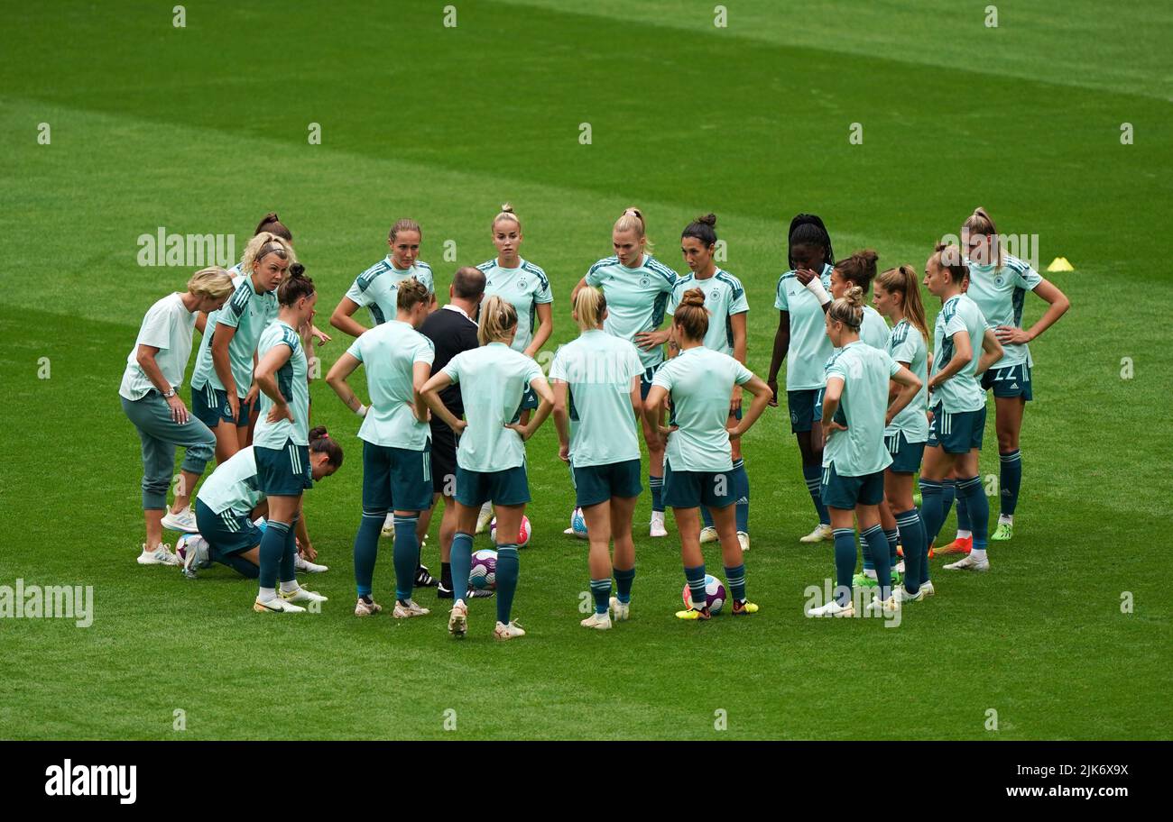 The Germany team huddle in the warm up during the UEFA Women's Euro ...