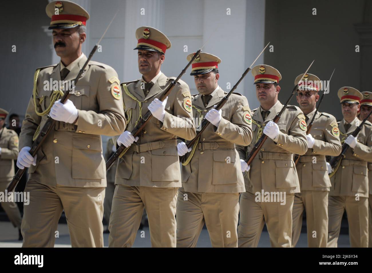 Barzan, Iraq. 31st July, 2022. Kurdish servicemen march in the Anfal ...