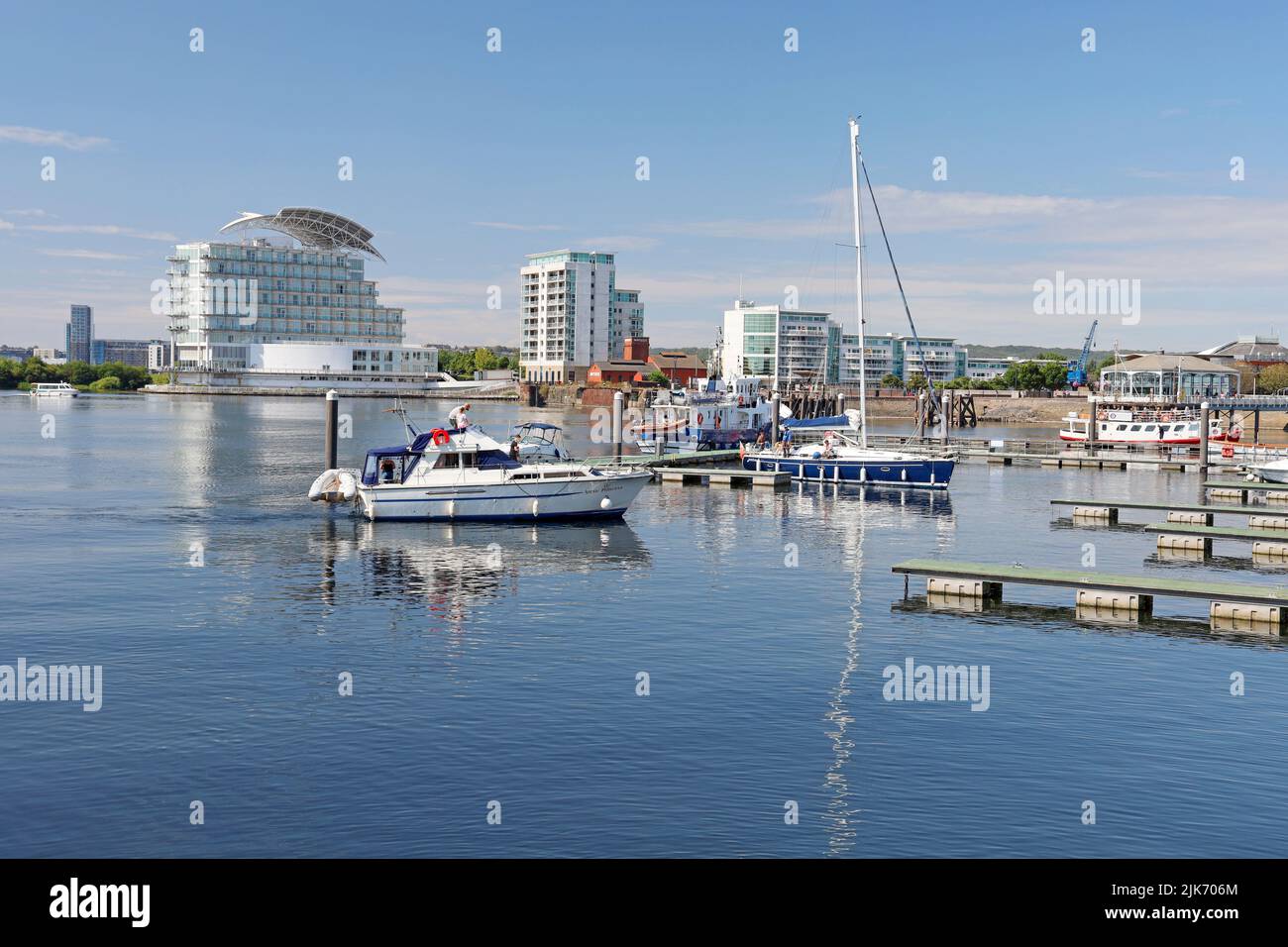 Cardiff Bay with St Davids (Voco) hotel across the water. Launch comes ...