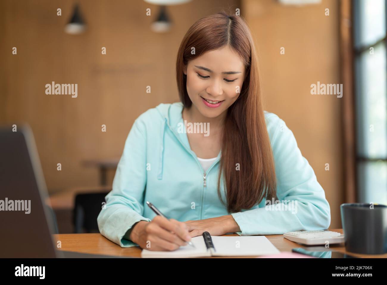 College education concept, Teenage girl watching video tutorial of ...