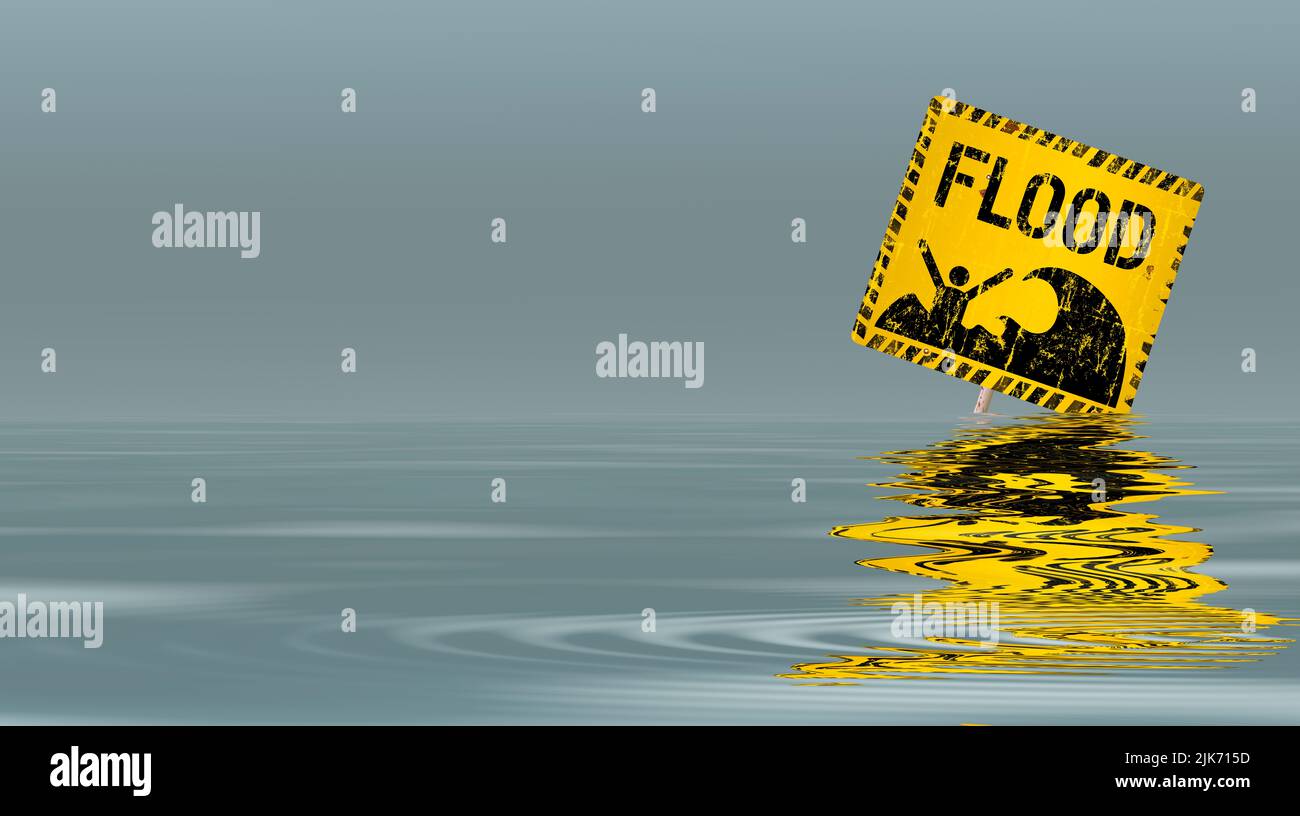 overflown flood warning sign, global warming,climate change concept ...