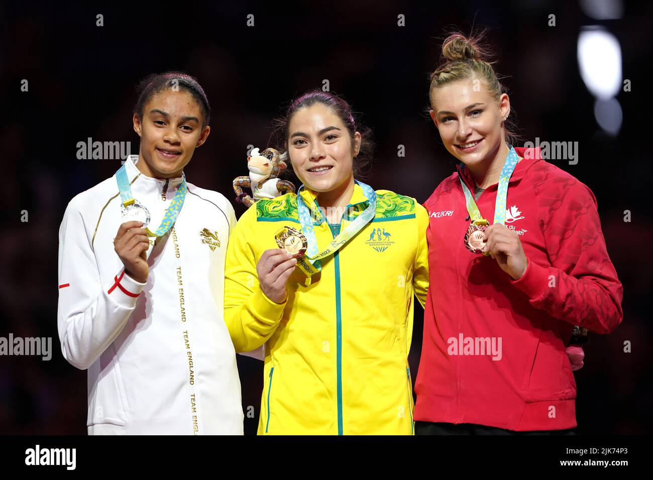 Australia's Georgia Godwin (middle) with her gold medal, England's ...