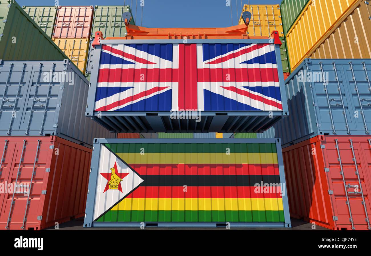 Cargo containers with United Kingdom and Zimbabwe national flags. 3D ...
