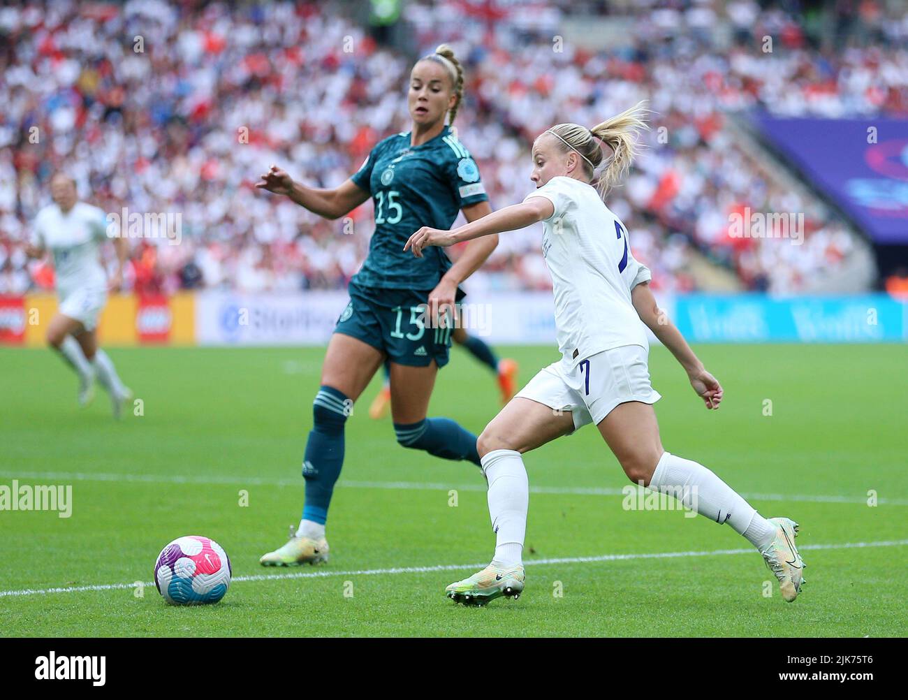 Germany's Giulia Gwinn and England's Beth Mead battle for the ball during the UEFA Women's Euro ...