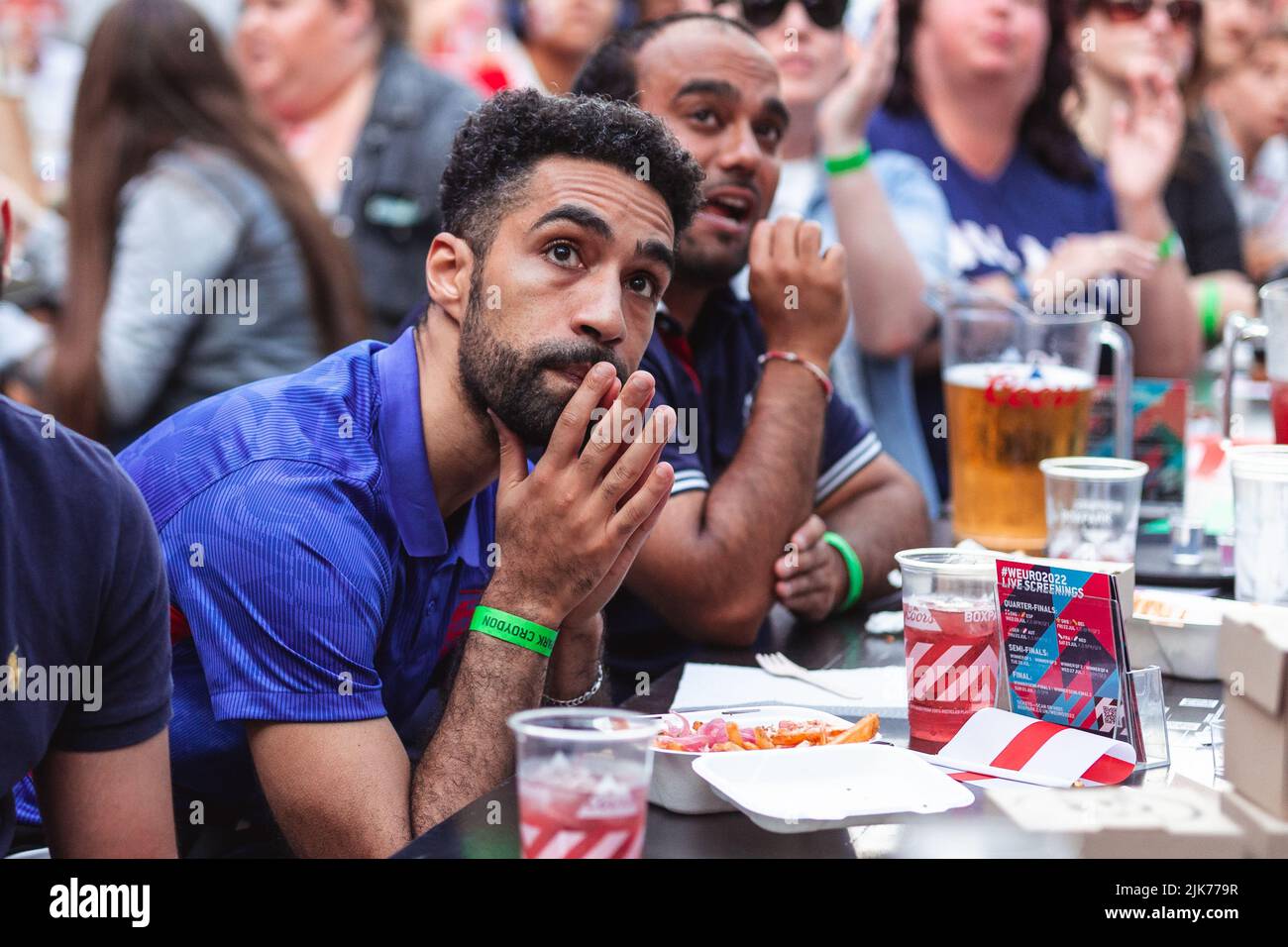 Fans at the BOXPARK, Croydon watch a screening of the UEFA Women's Euro ...