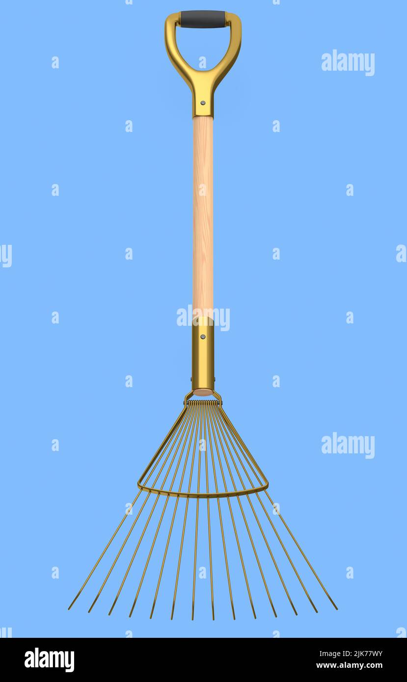 Garden rake with wooden handle for harvesting hay isolated on blue ...