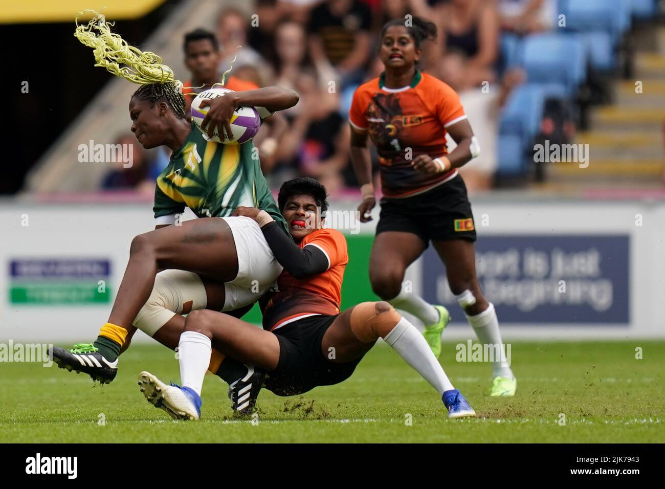 South Africa's Zandile Masuku is tackled by Sri Lanka's Ayesha Perera during South Africa vs Sri ...