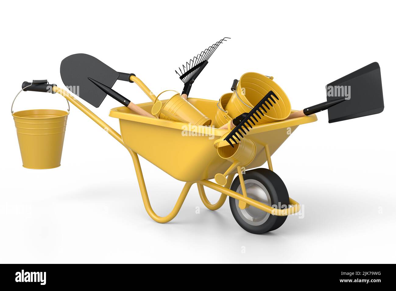 Garden wheelbarrow with garden tools like shovel, watering can and fork ...