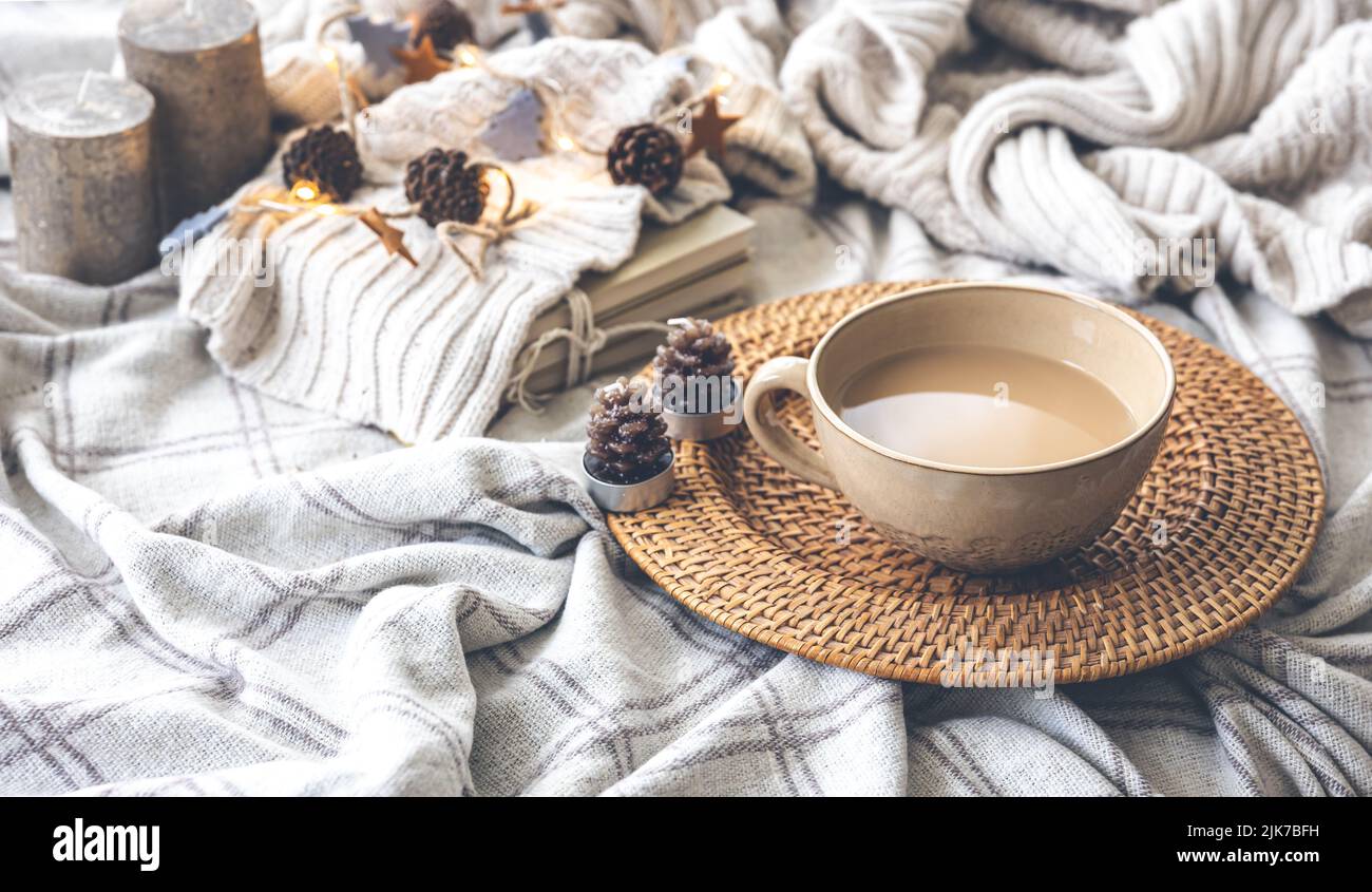 Cozy autumn composition with a big cup of coffee in bed Stock Photo - Alamy