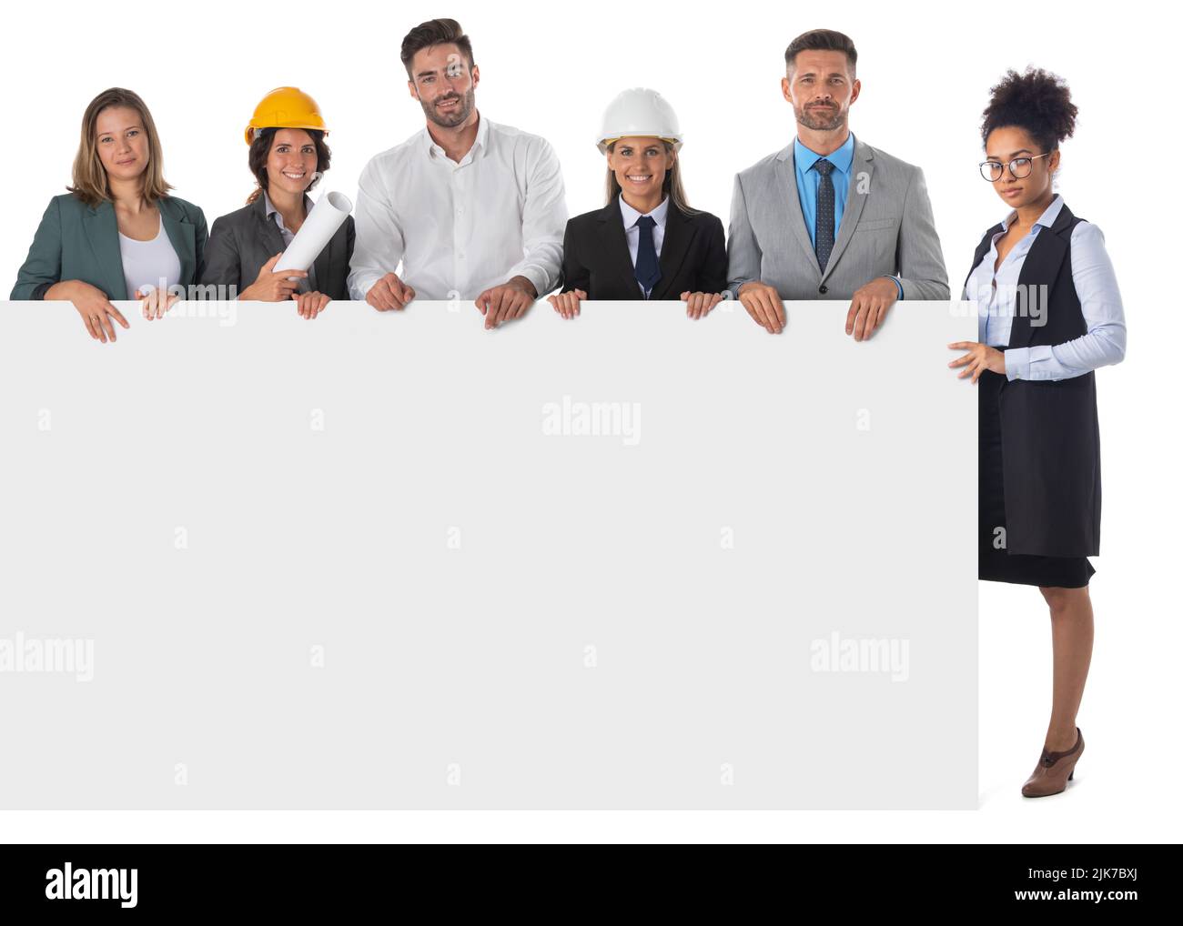 Group of happy architects and business people holding blank banner ad ...