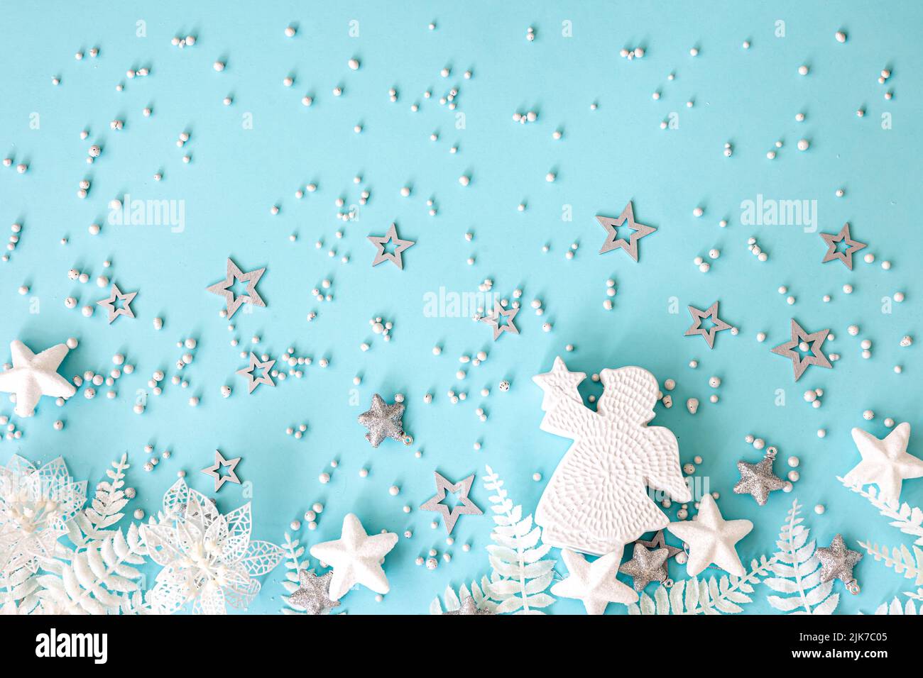 Flat lay, blue Christmas background with decor details Stock Photo - Alamy