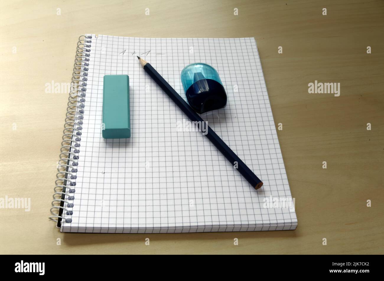 Writing utensils: pencil, sharpener and eraser on a checkered pad Stock ...