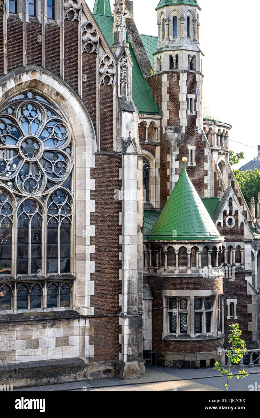 Ancient church with stained-glass windows and windows, part of the ...