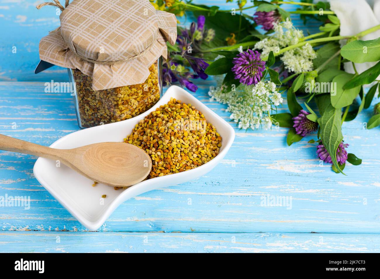 Bee pollen in a glass jar is a healthy diet. A product of beekeeping ...
