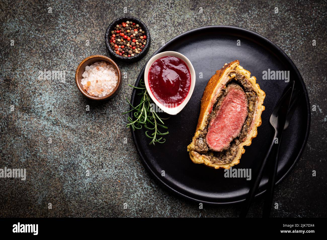 Perfect homemade juicy Beef Wellington, tenderloin dish, top view Stock ...