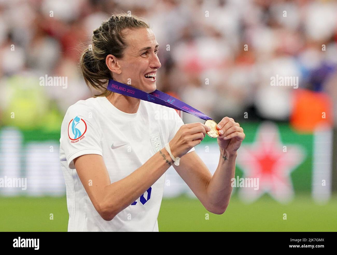 England's Jill Scott celebrates with her medal after England win the ...