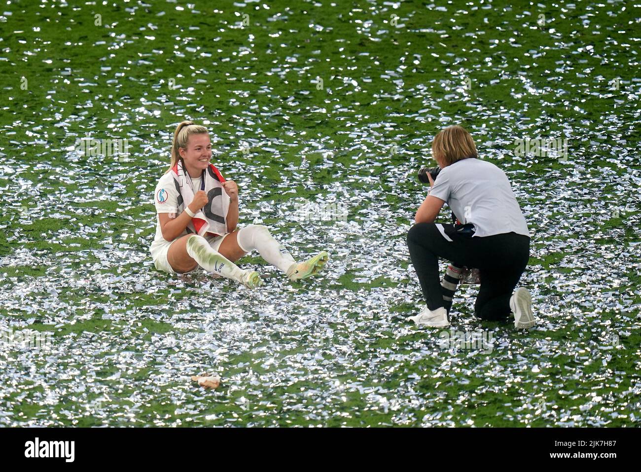 England's Lauren Hemp celebrates in confetti after winning the UEFA ...