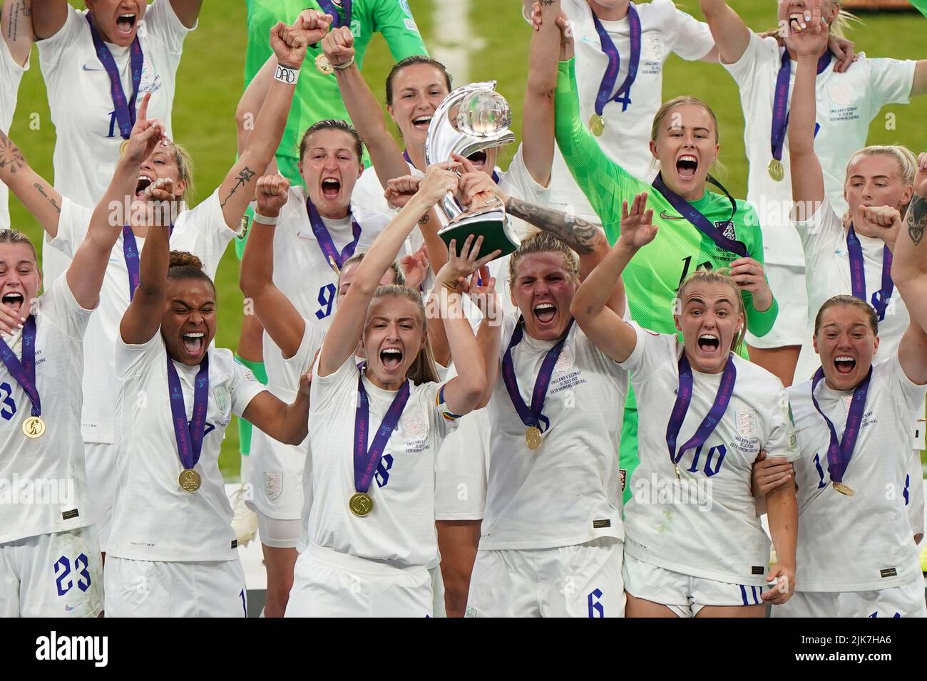 England's Leah Williamson and Millie Bright lift the trophy as England ...