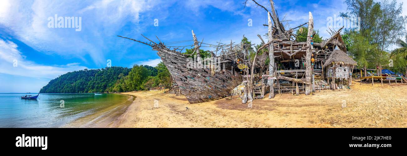 Old wooden pirate boat on the beach in Koh Phayam, Ranong, Thailand ...