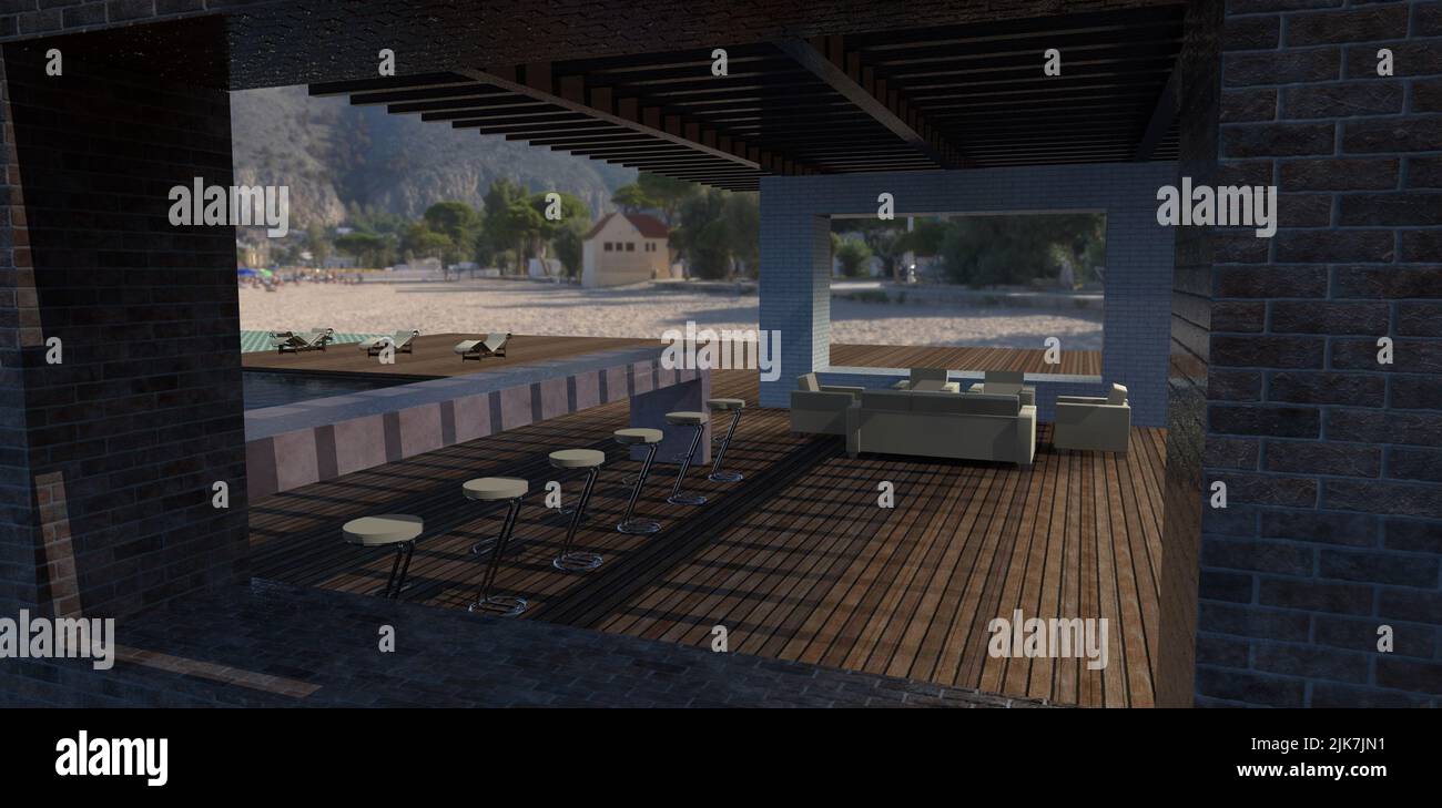 Empty cozy patio on the shore of a picturesque bay. Terrace board ...