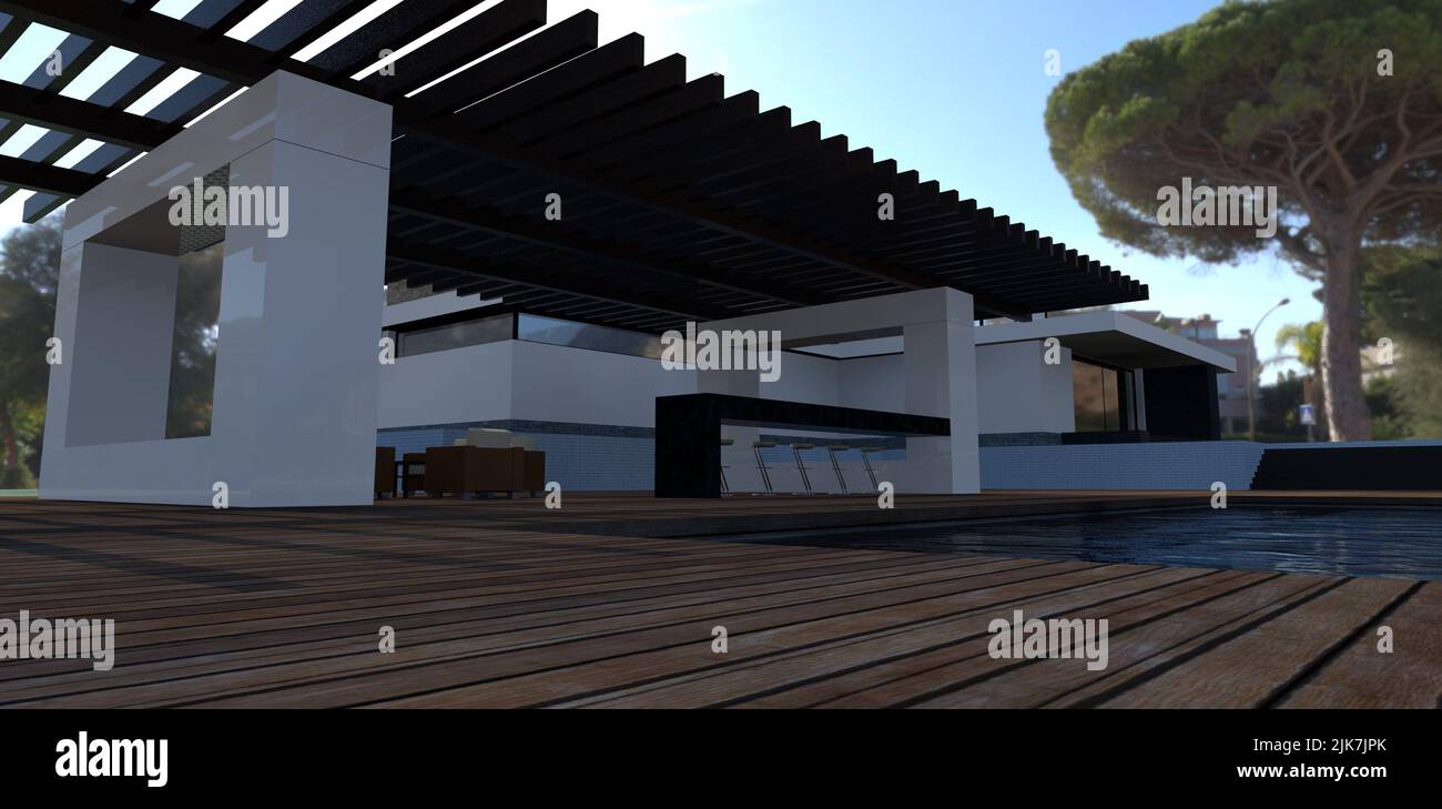 Luxurious patio of a modern country house. 3d render. Swimming pool ...