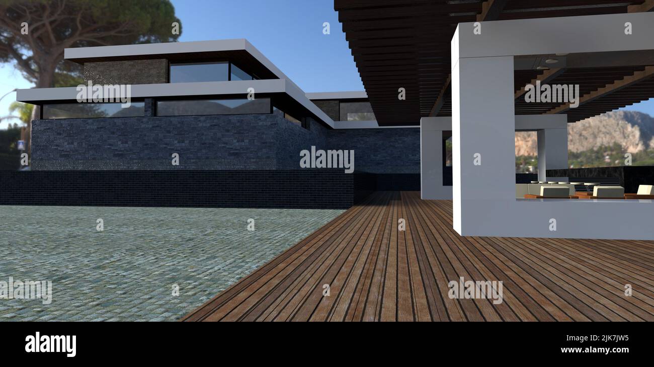 Luxurious patio of a modern country house. 3d render. Swimming pool ...