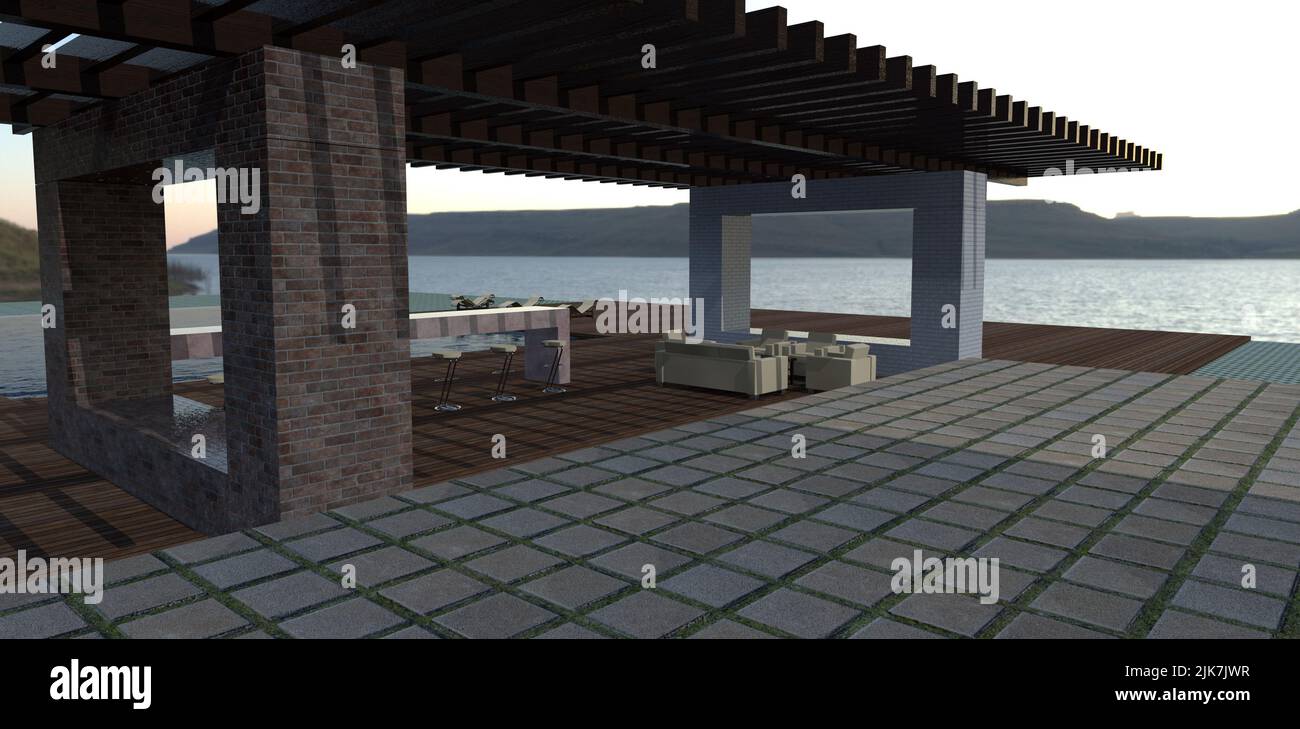 Modern patio on the shore of a mountain bay. Wooden flooring. Bar ...