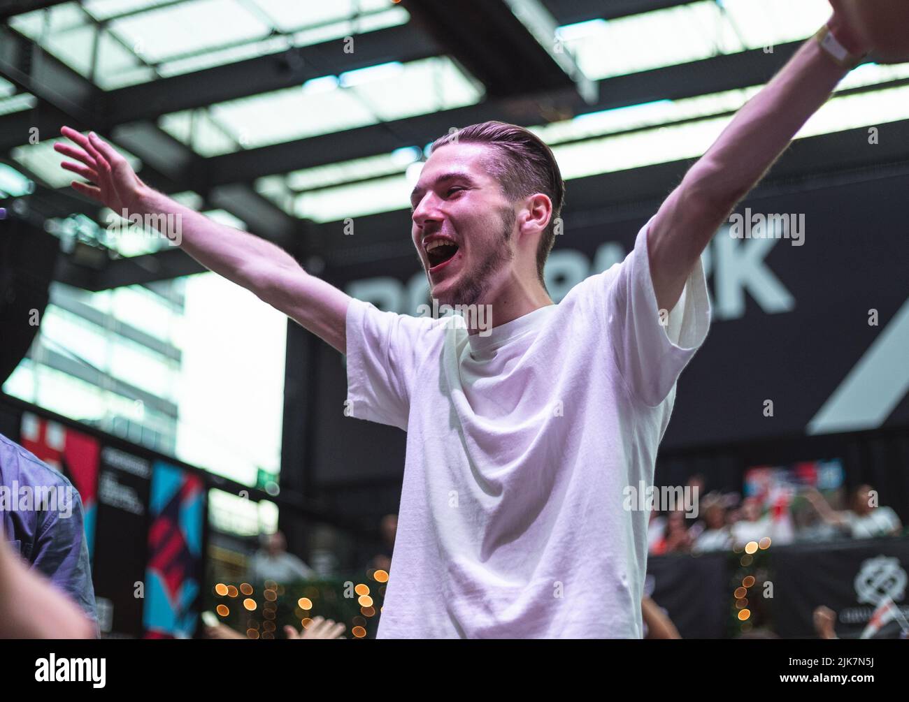 England fans celebrate at the BOXPARK, Croydon as they watch a ...