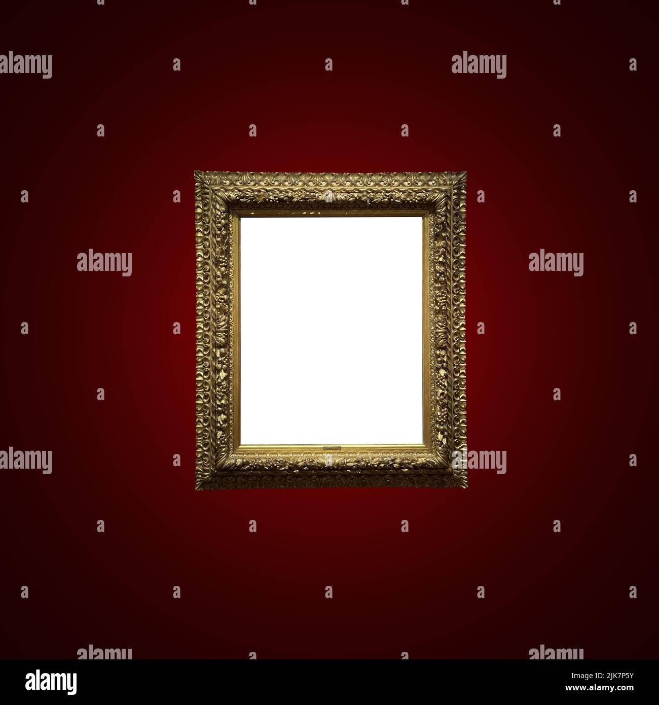 Antique art fair gallery frame on royal red wall at auction house or ...