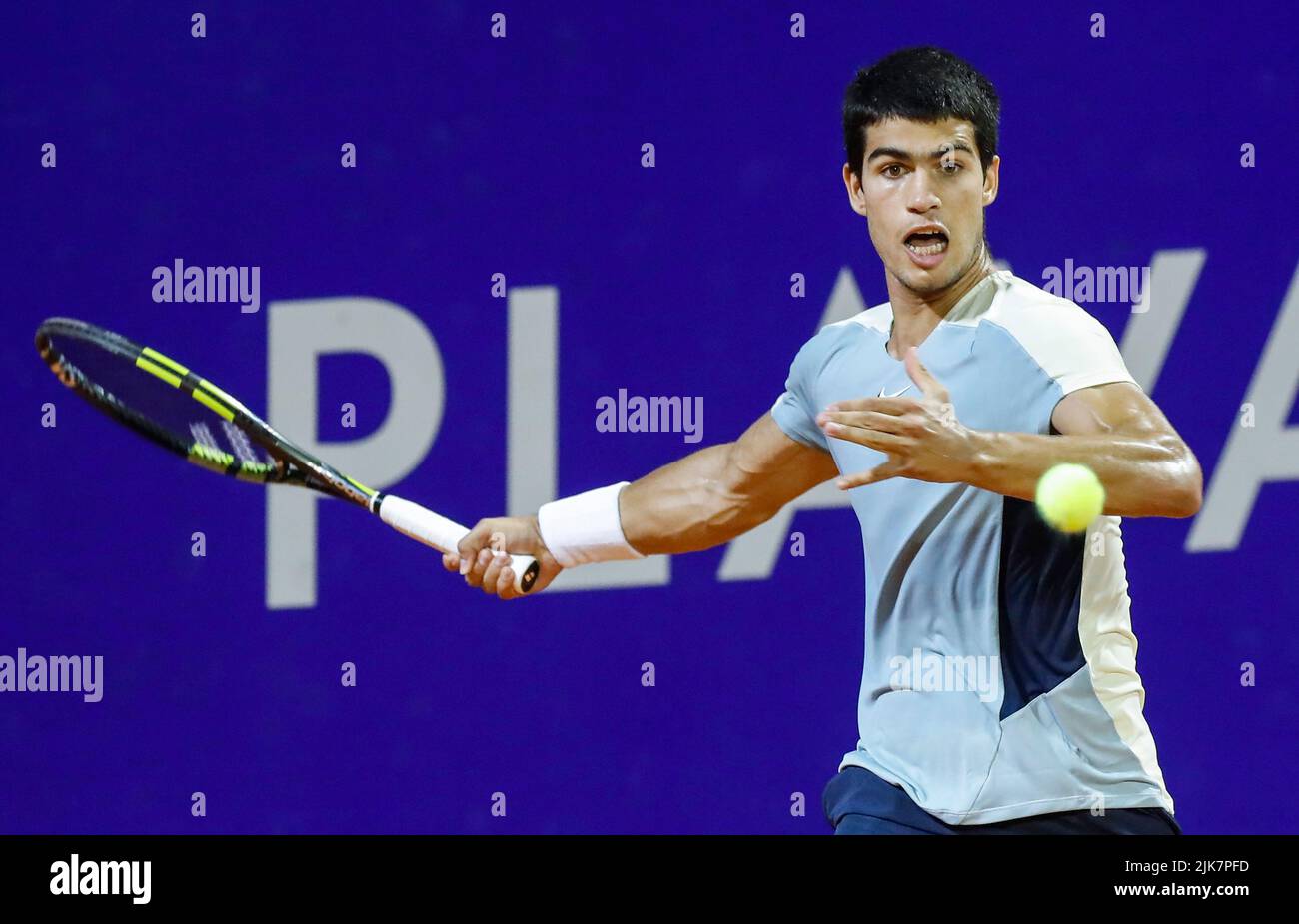 UMAG, CROATIA - JULY 31: Carlos Alcaraz of Spain play against Jannik ...