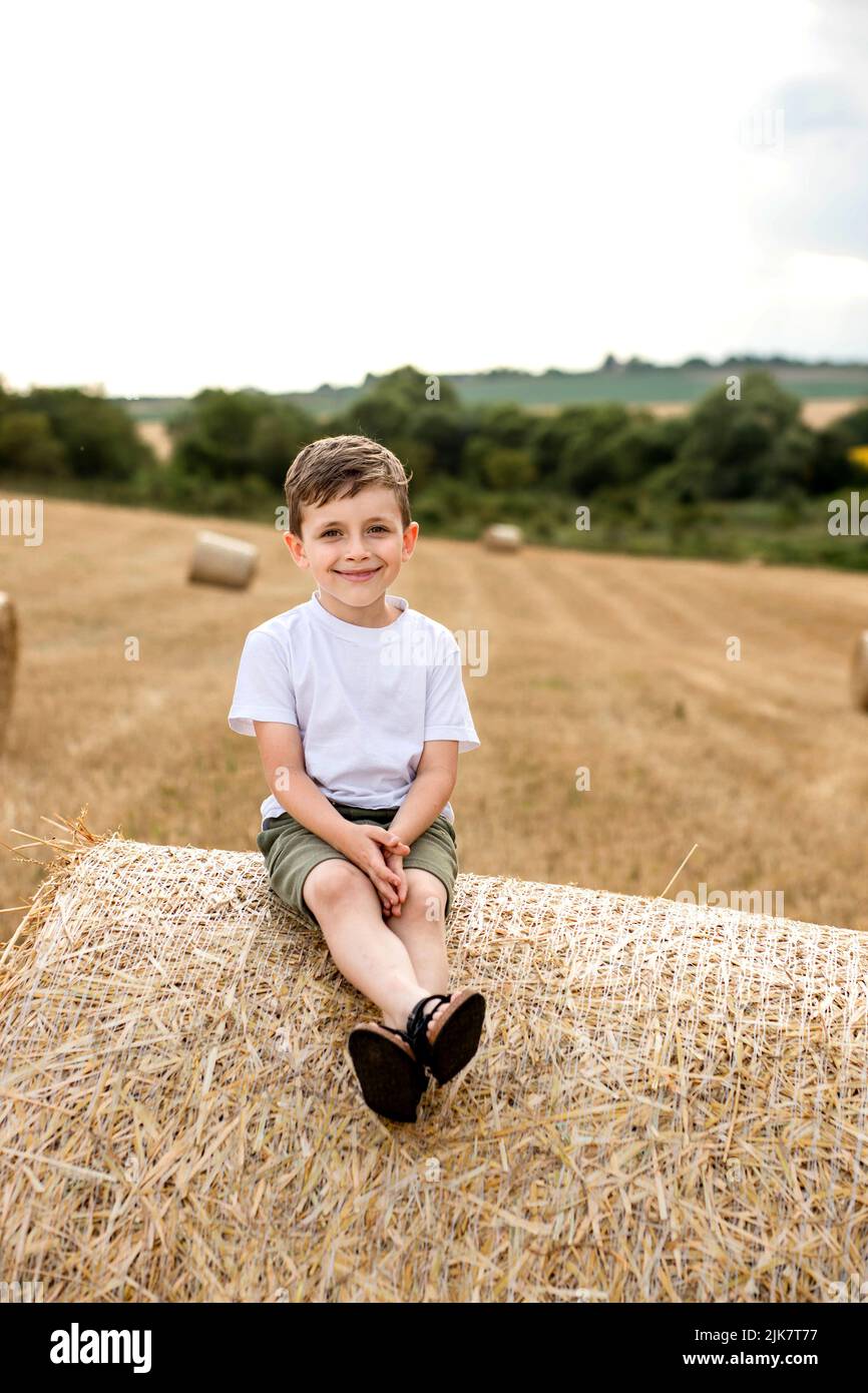A cute little boy in a white t-shirt and khaki shorts is sitining on ...