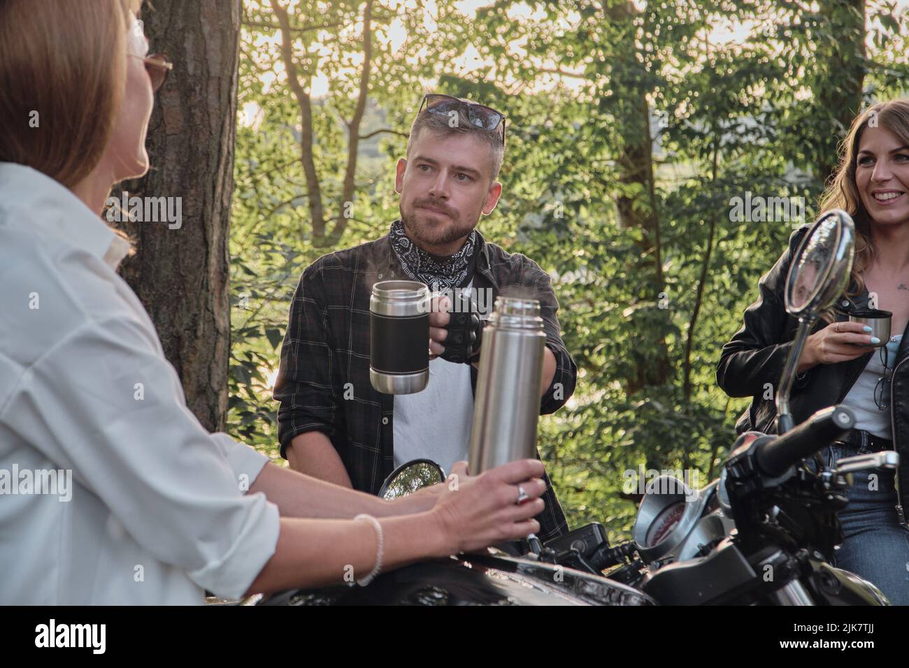 Meeting A company of friends of motorcyclists bikers on motorcycles ...