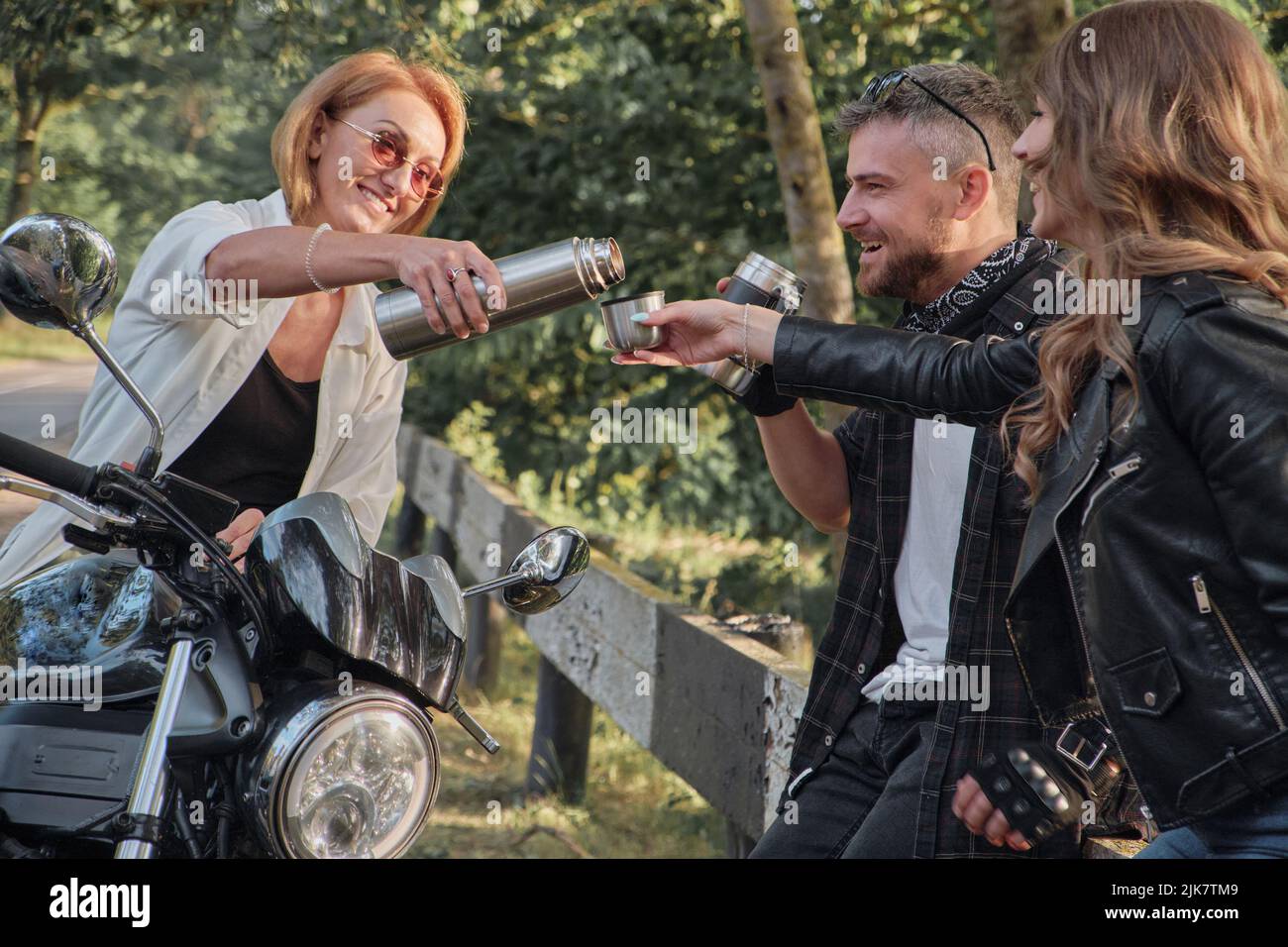 Meeting A company of friends of motorcyclists bikers on motorcycles ...