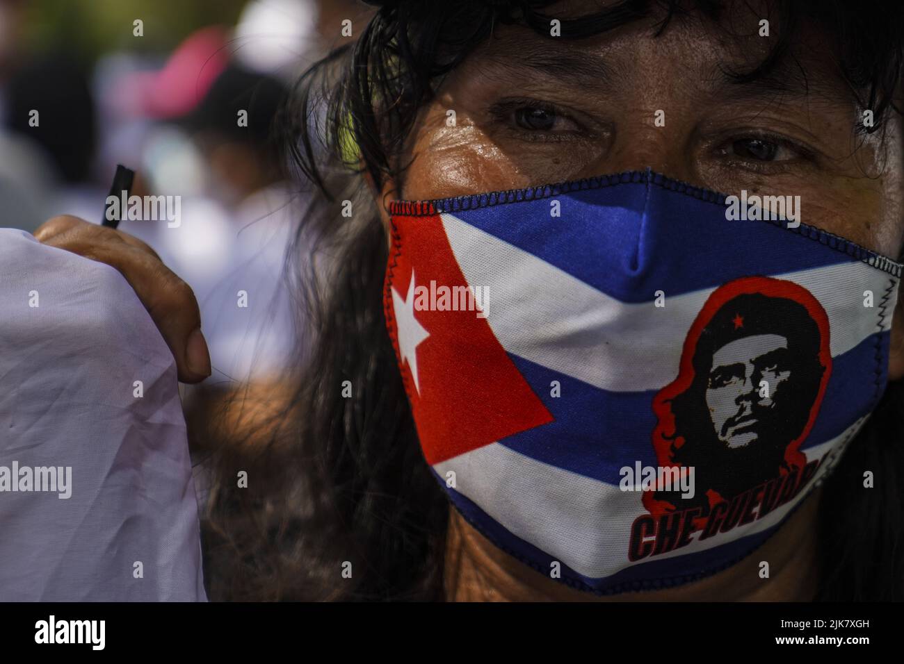 A protestor wearing a face mask with a flag of Cuba looks on during a ...