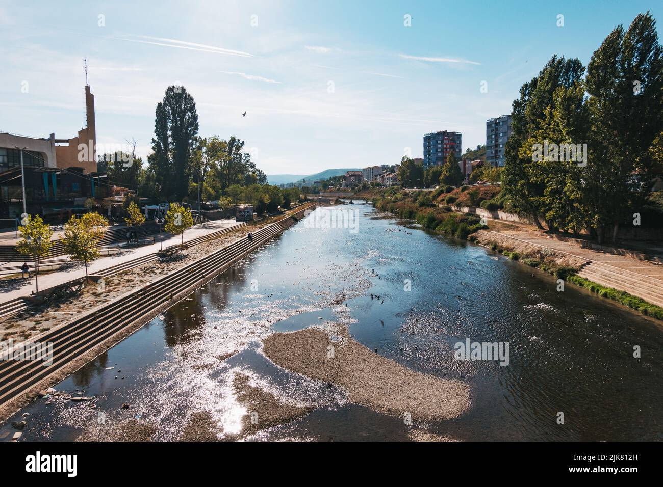 Looking over the Ibar river from the New Bridge in Mitrovica, Kosovo ...