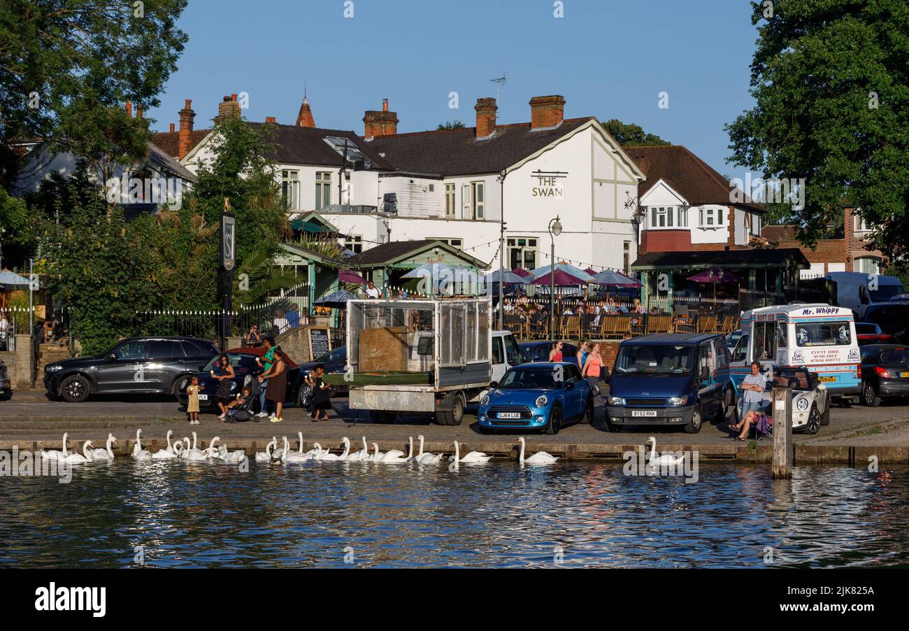 The Thames riverside pub The Swan is busy with customers on a hot ...
