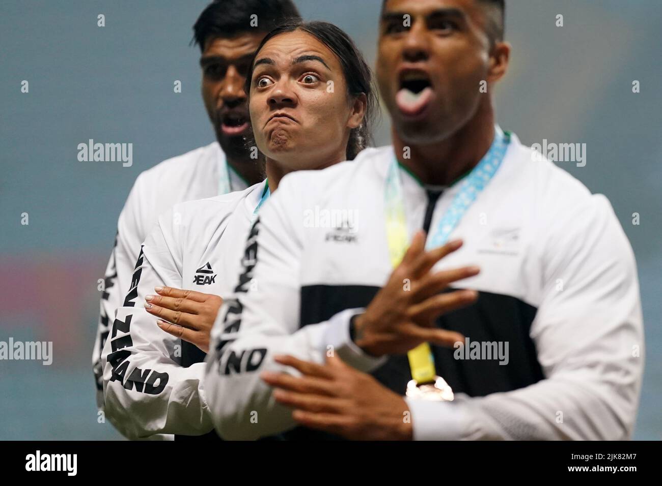 New Zealand's Stacey Fluhler (centre) as the men's and women's teams ...