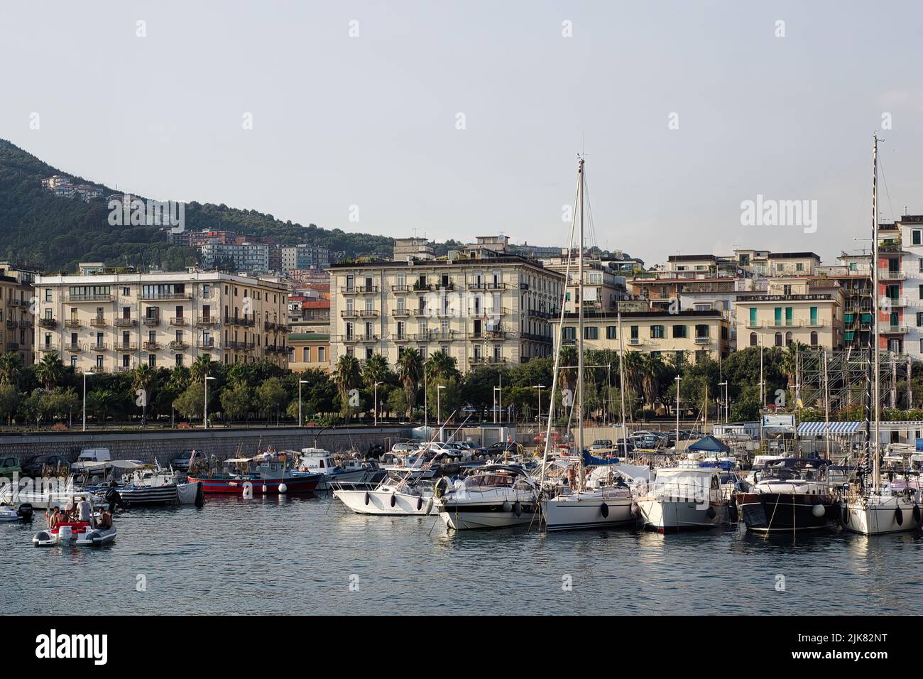 Motor yachts and boats moored in the tourist port of Salerno Stock ...