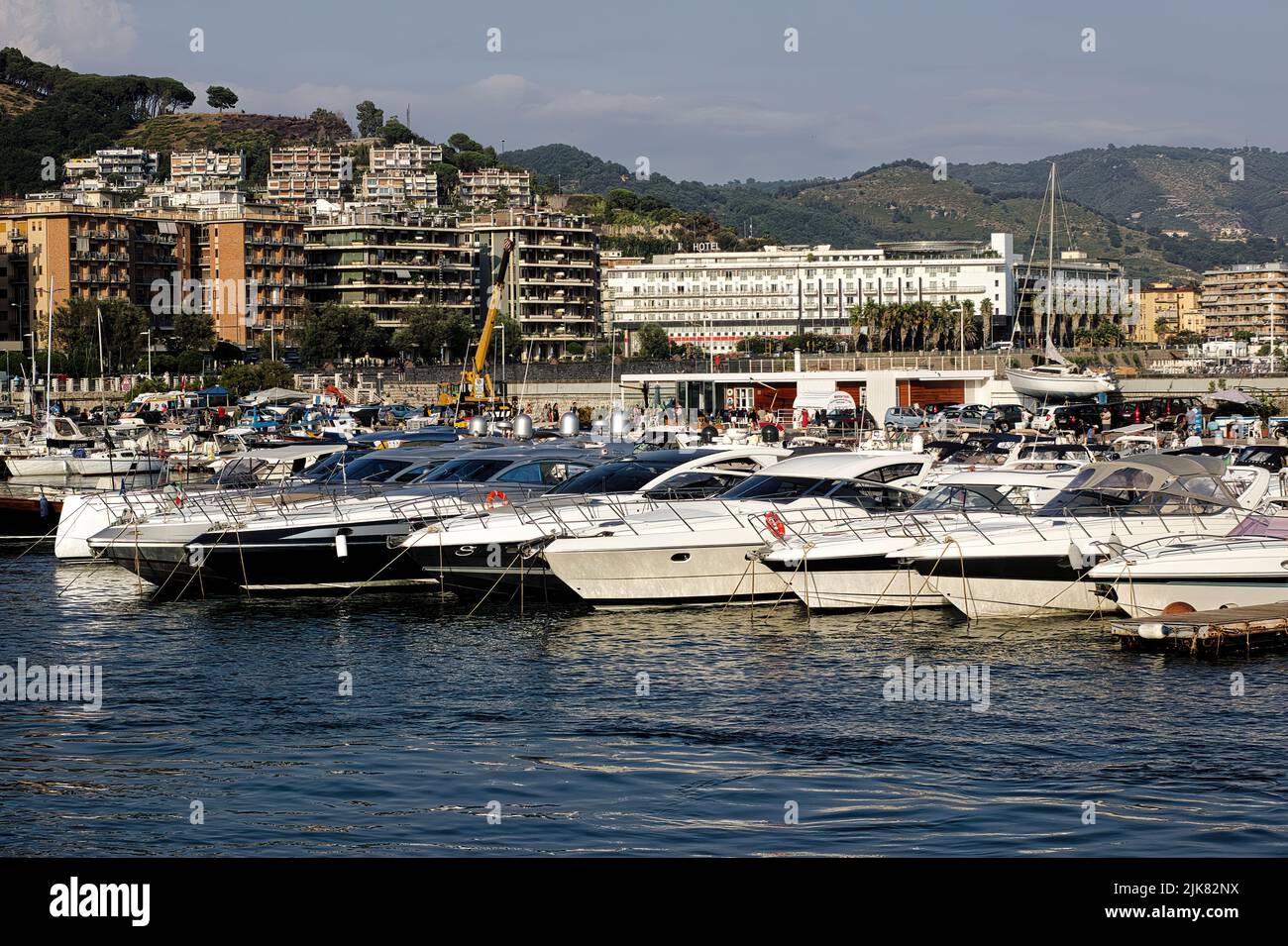 Motor yachts and boats moored in the tourist port of Salerno Stock ...