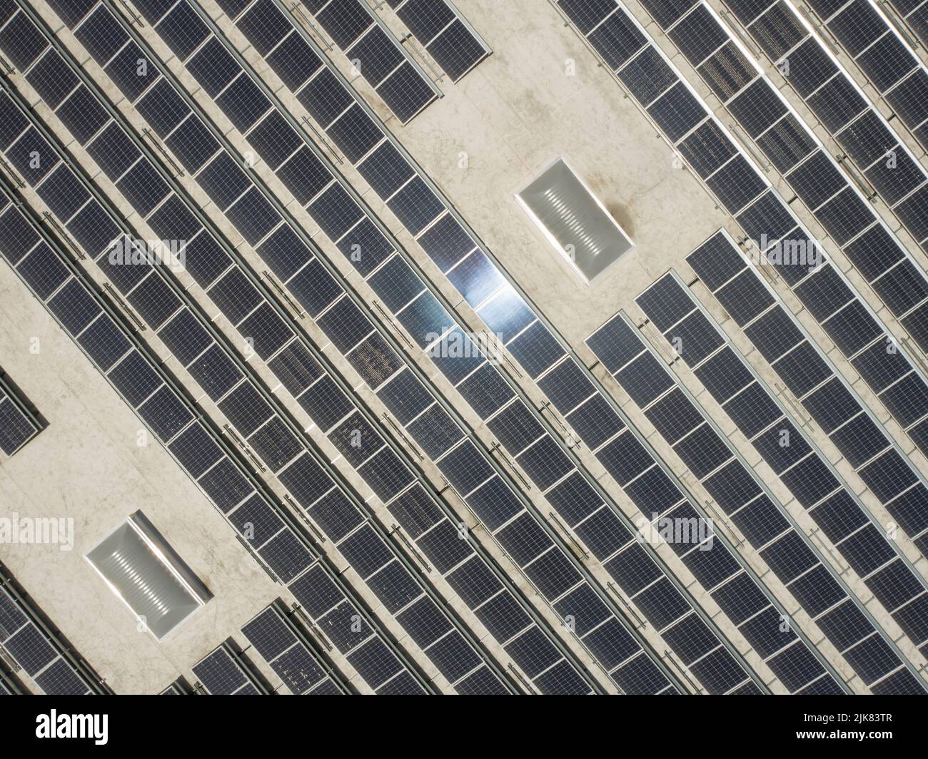 Aerial View of Solar Panels Mounted on Roof of Large Industrial ...
