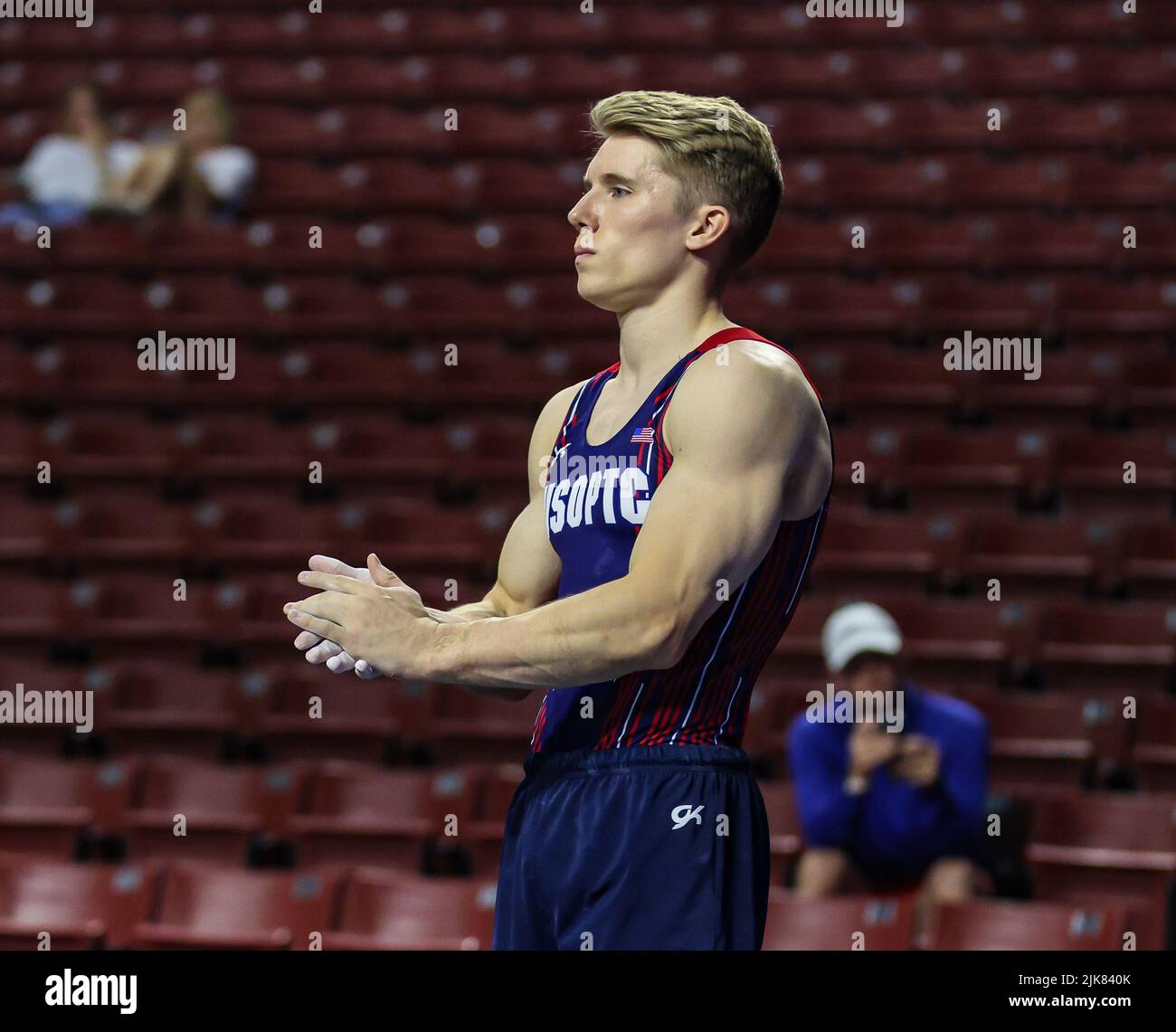 July 31, 2022: Shane Wiskus awaits his turn on the floor exercise ...